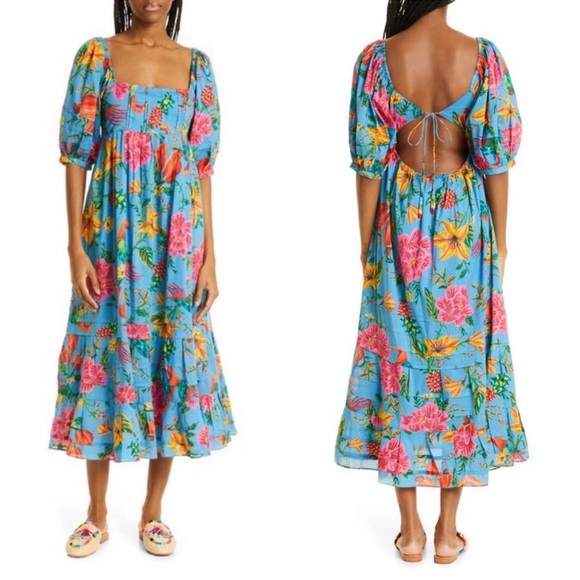 FARM Rio | Dresses | Farm Rio Toucans Garden Floral Puff Sleeve Midi ...